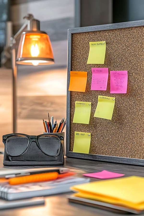 A Desk with a Cork Board with Yellow and Orange Sticky Notes on it ...