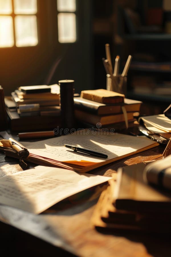 A Desk Covered with Numerous Books and Pens. Ideal for Educational and ...