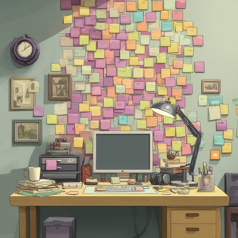 Desk Covered in Sticky Notes in a Creative Office Space Stock Photo ...