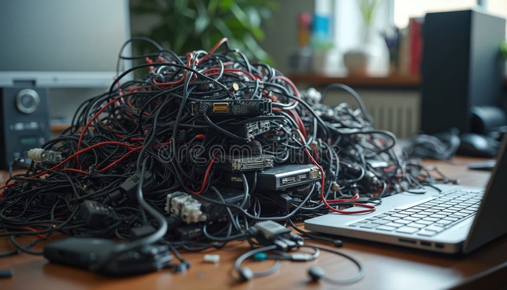 Desk Covered Tangled Wires, Cables, Electronic Devices. Represents ...