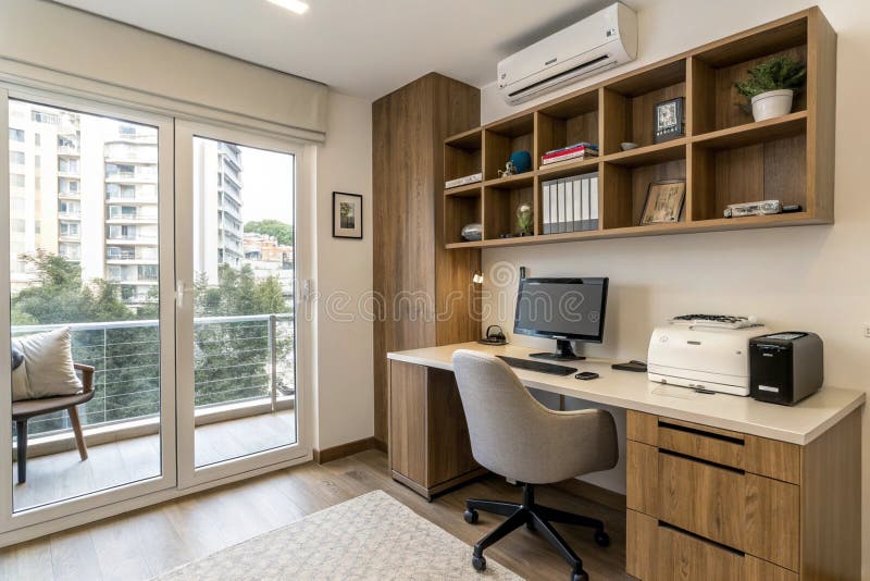 Desk with Desktop Computer, Printer, and Chair in Home Office Stock ...