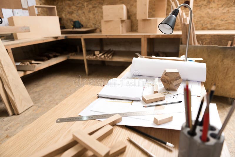 Desk with Different Instruments on it in Workshop Stock Photo - Image ...