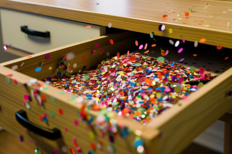 Desk Drawer Ajar with Confetti Spilling Out Stock Image - Image of ...