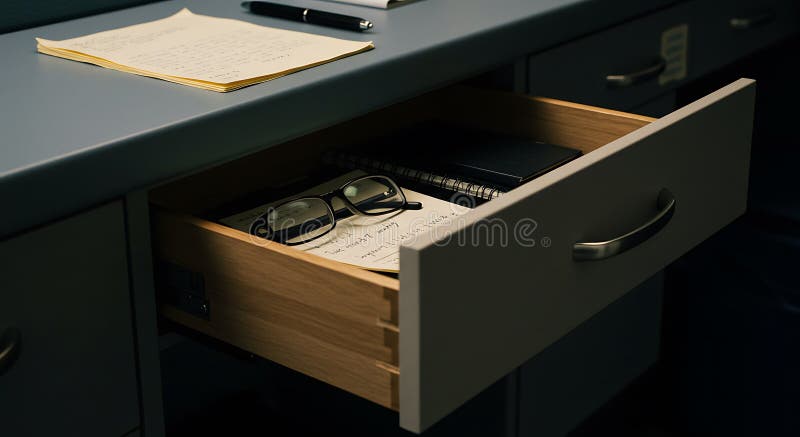Desk Drawer with Glasses, Notebook, and Office Supplies for Work Stock ...
