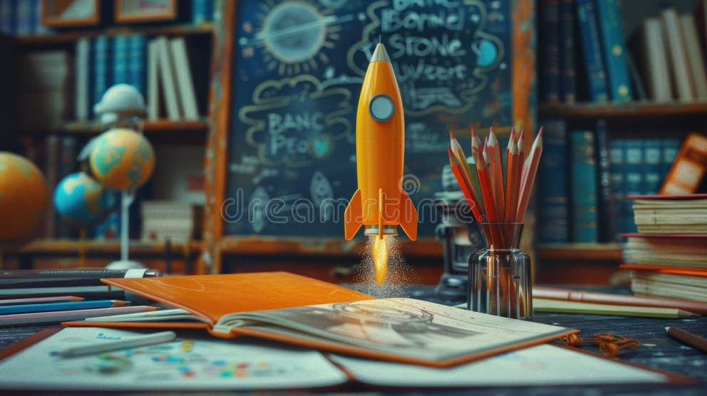 A Desk with Educational Items and a Space-themed Model. Suitable for ...