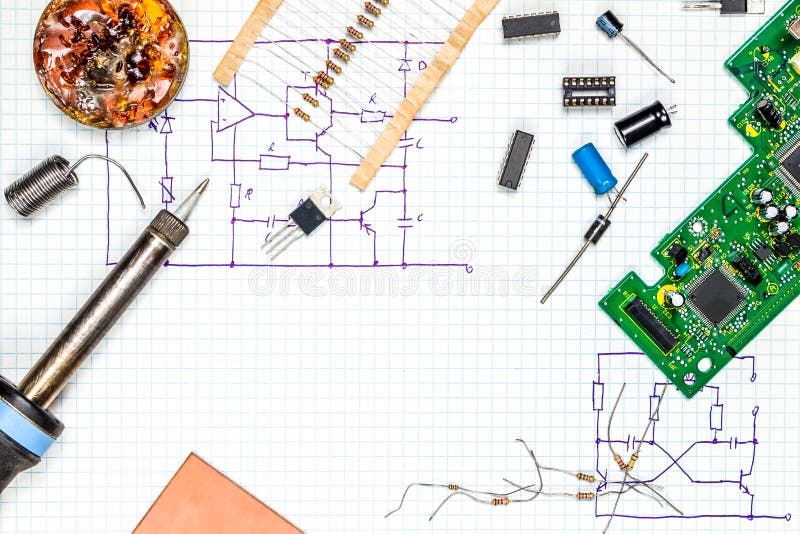 On the Desk Electronics. Tools and Electronic Components. Stock Image ...