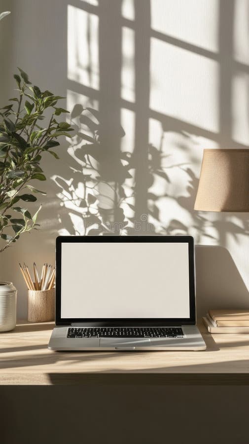 Desk Elements Arrangement with Empty Screen Laptop Stock Photo - Image ...