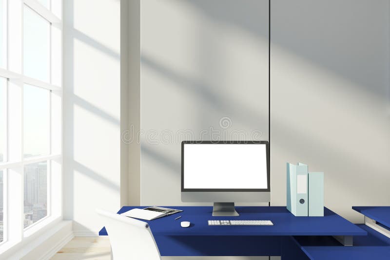 Desk with Empty Computer Screen in Office Stock Illustration ...