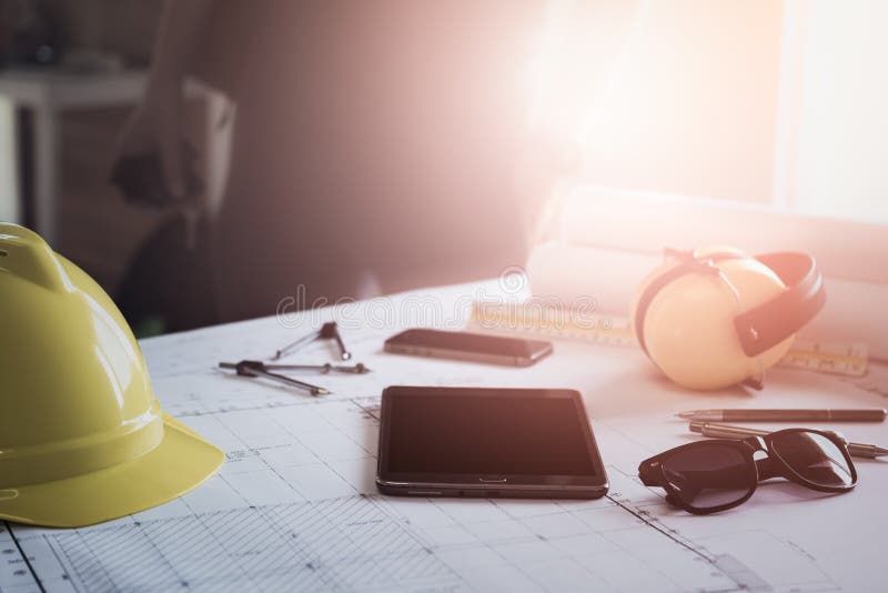 Desk of engineer designer stock photo. Image of blueprint - 228769526