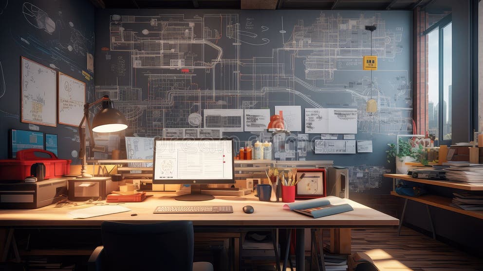 Desk engineer office stock illustration. Illustration of blueprints ...