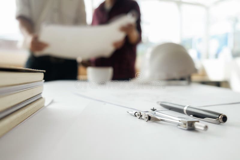 Desk of Engineering Project in Construction Site Stock Image - Image of ...