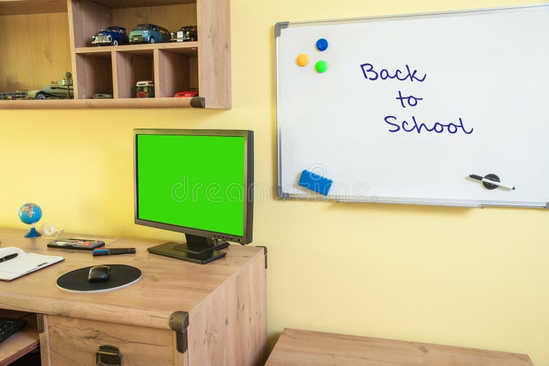 Desk with Equipment for Schools and Whiteboard Stock Photo - Image of ...
