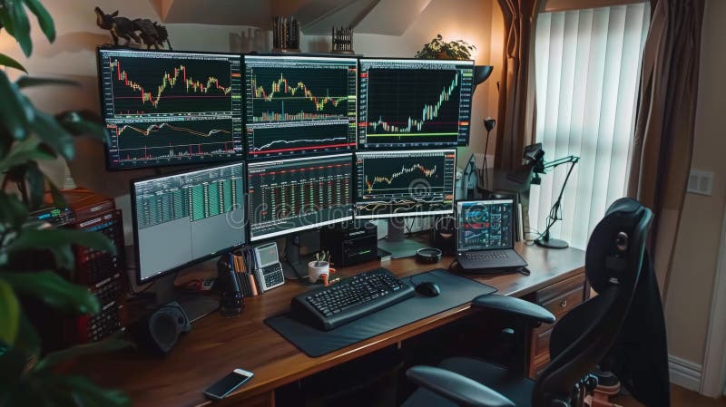 Modern Desk Setup with Multiple Monitors and Keyboard Stock Photo ...