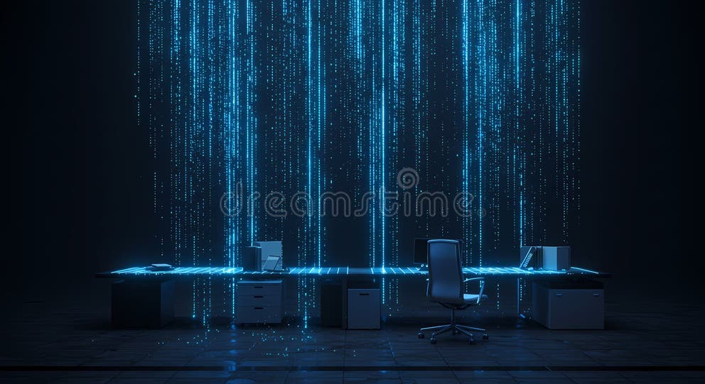 Desk with Falling Blue Digital Data Stock Illustration - Illustration ...