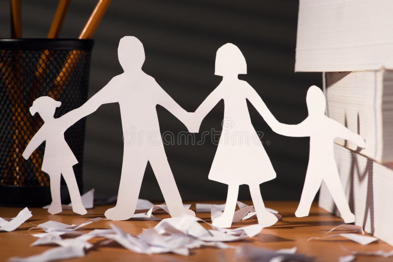 Desk with Family in Paper in Night Stock Photo - Image of blinds, back ...