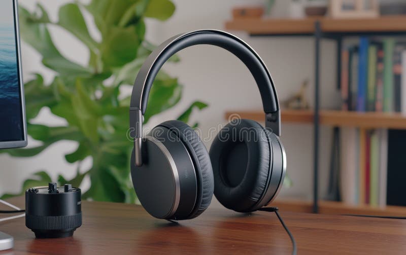 A Desk Features a Computer Monitor Alongside a Pair of Headphones ...