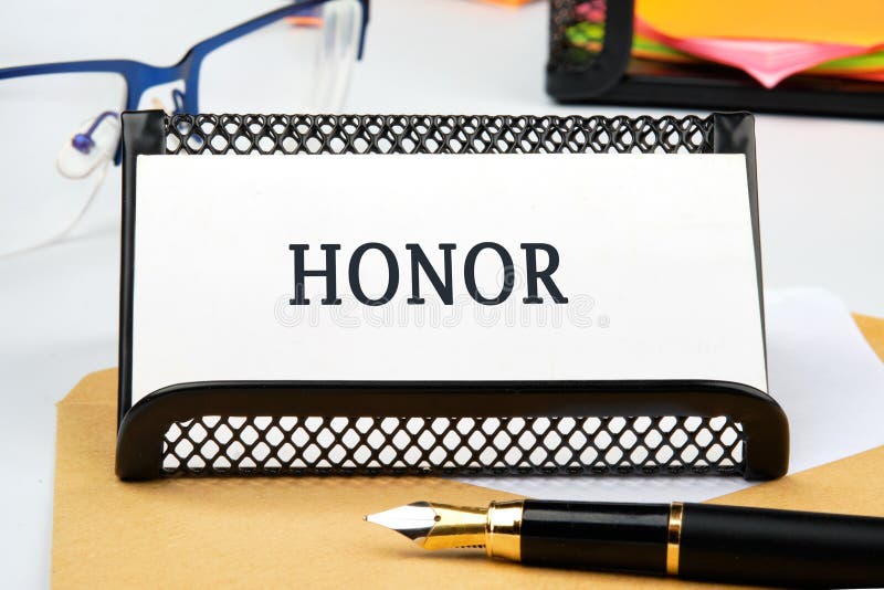 A Desk Features a Nameplate Reading Honor Alongside a Fountain Pen and ...