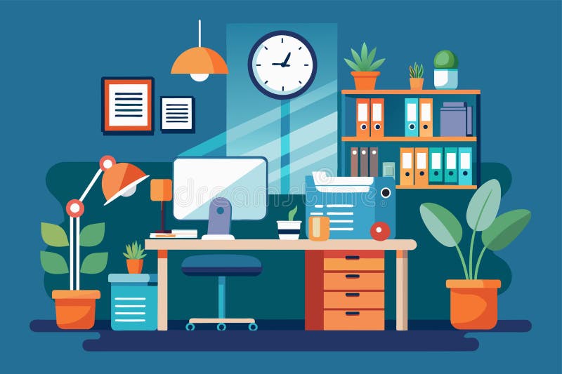 A Desk Featuring a Computer and a Clock, Typical of an Office Work ...