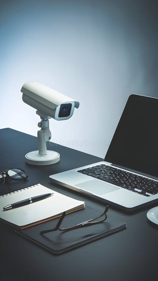 Laptop, Notepad, Pen, and Camera on Desk, Minimalist Workspace with ...