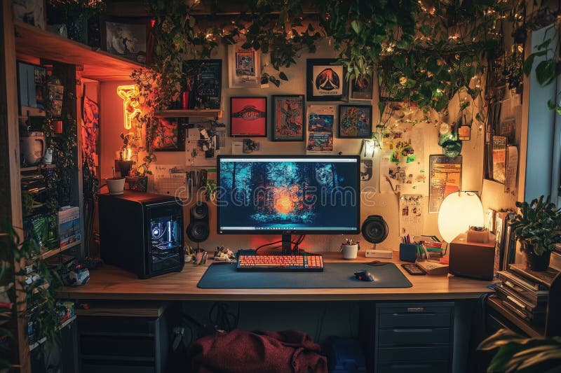 Cozy and Personalized Desk Setup with Nature Vibes Stock Image - Image ...