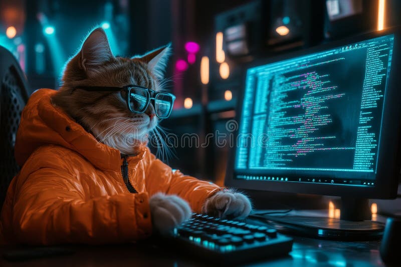 At a Desk Filled with Colors, a Cat in Glasses is Busy Working on a ...