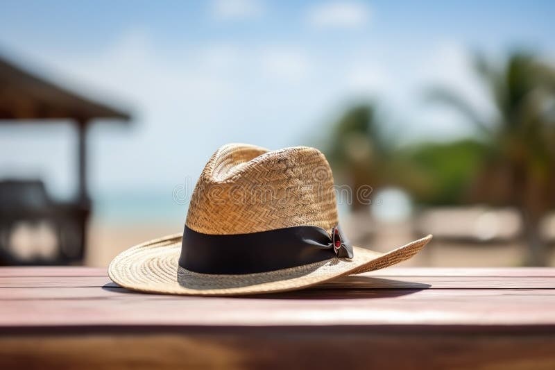 Desk of Free Space with Straw Hat with Beach Landscape. Stock ...