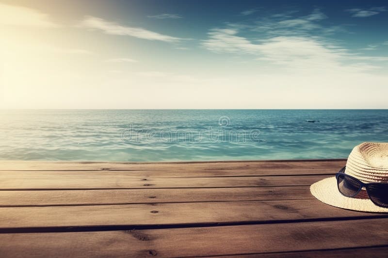 Desk of Free Space with Straw Hat with Beach Landscape. Stock ...