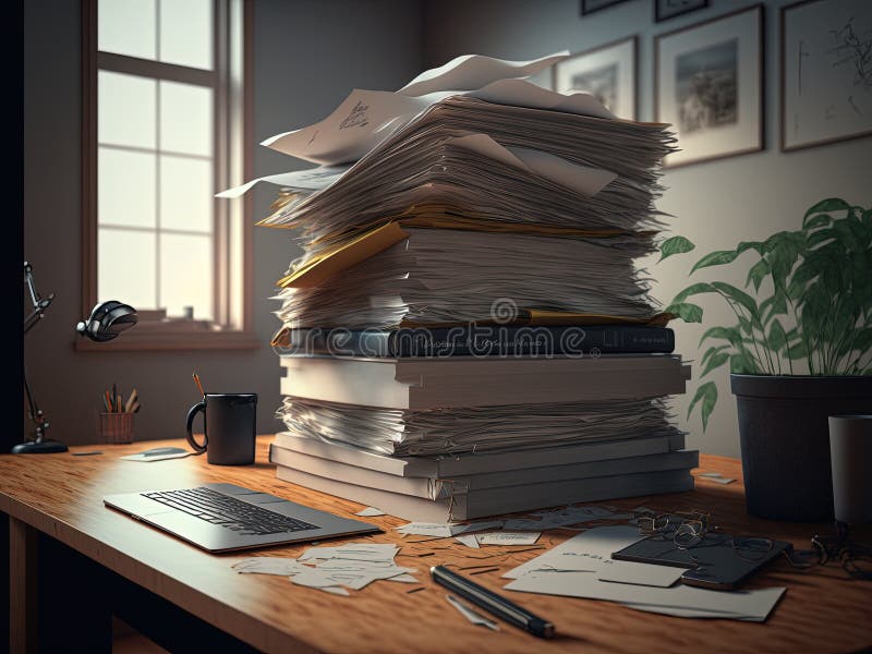 A Desk with a Giant Pile of Paperwork Stack. Generative AI Stock ...