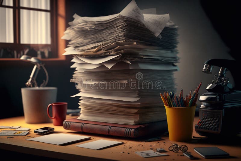 A Desk with a Giant Pile of Paperwork Stack. Generative AI Stock ...