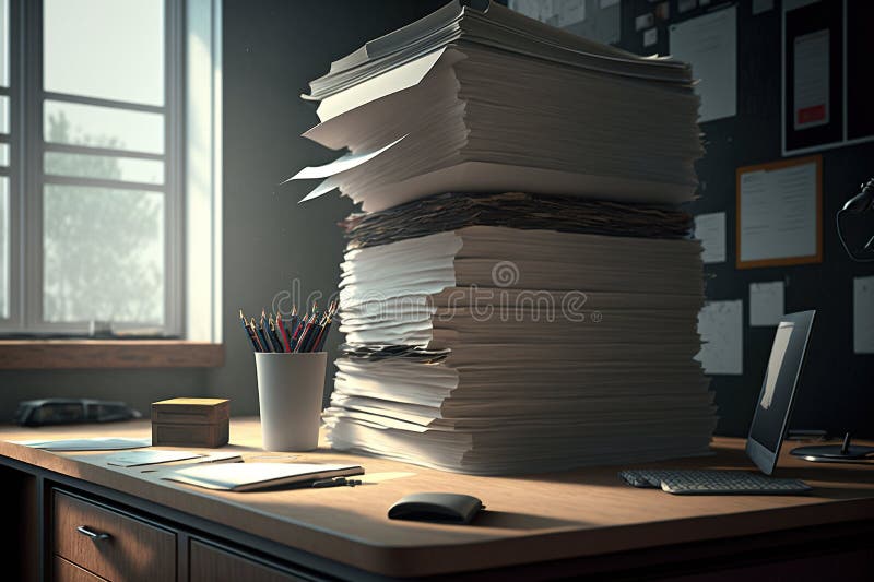 A Desk with a Giant Pile of Paperwork Stack. Generative AI Stock ...