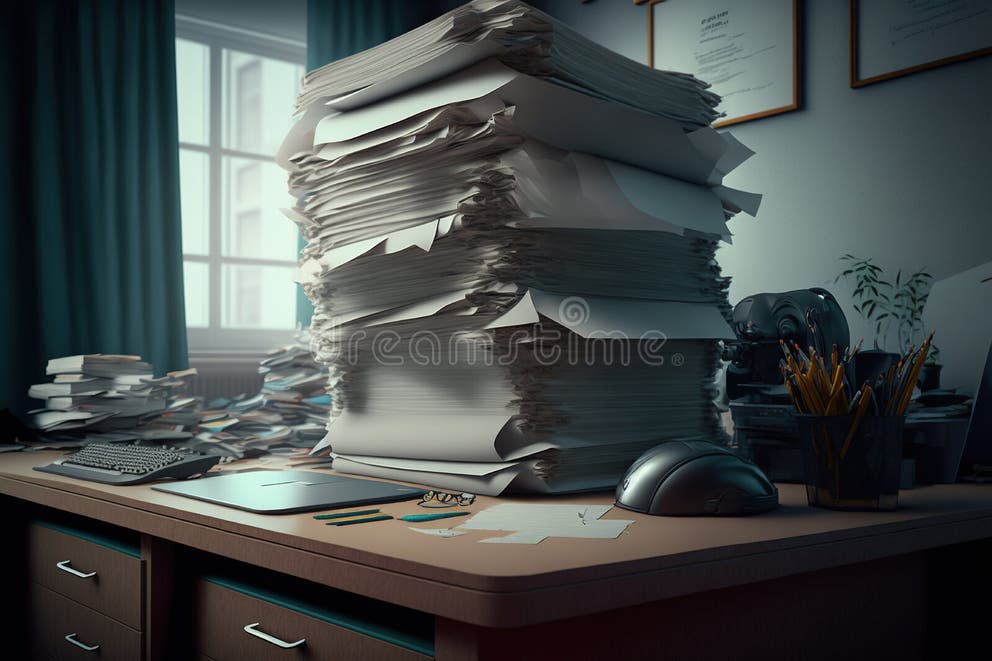 A Desk with a Giant Pile of Paperwork Stack. Generative AI Stock ...