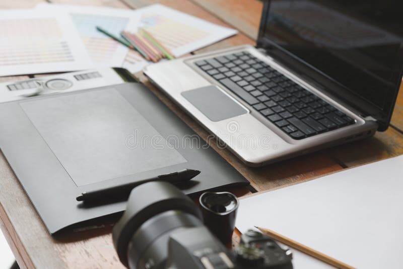 Desk of Graphic Designer at Work - Digital Tablet, Computer, Col Stock ...