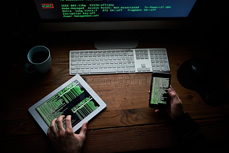 Desk, Hands and Night with Technology of Hacker in Office from Above ...