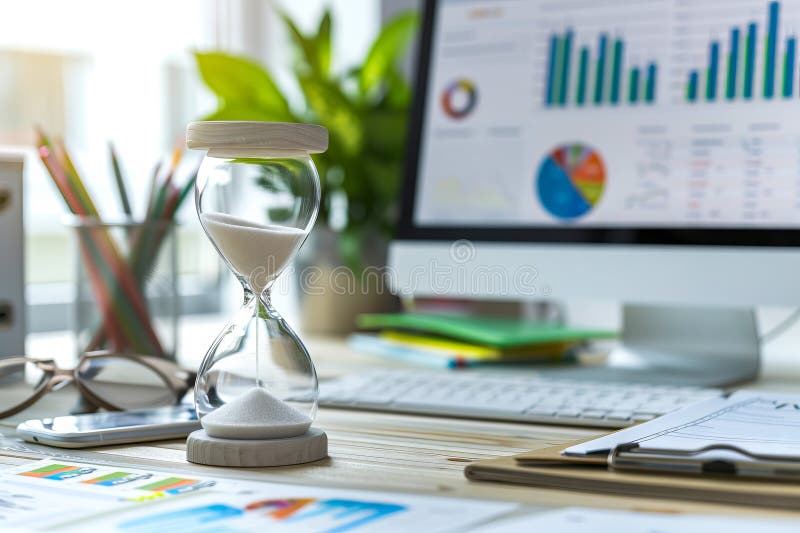 A Desk with an Hourglass on it Stock Photo - Image of monitor, personal ...