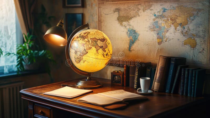 Desk with Illuminated Globe and World Map in a Cozy Environment Stock ...