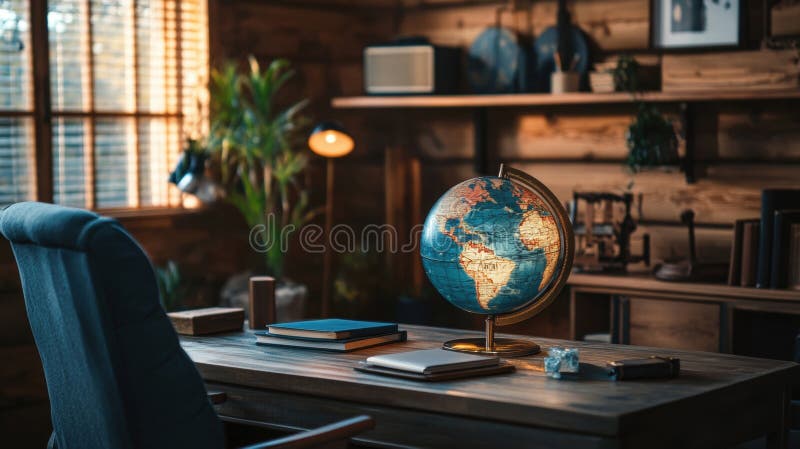 Desk with Illuminated Globe and World Map in a Cozy Environment Stock ...
