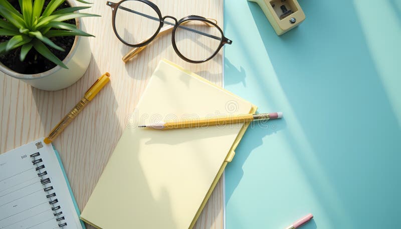 Desk Items Notepad, Pencil, Pen, Glasses and Plant Stock Illustration ...