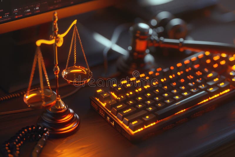 A Desk with a Keyboard and a Scale of Justice on it, Suitable for ...