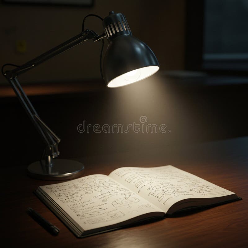 A Desk Lamp Illuminates an Open Notebook Filled with Sketches and Notes ...
