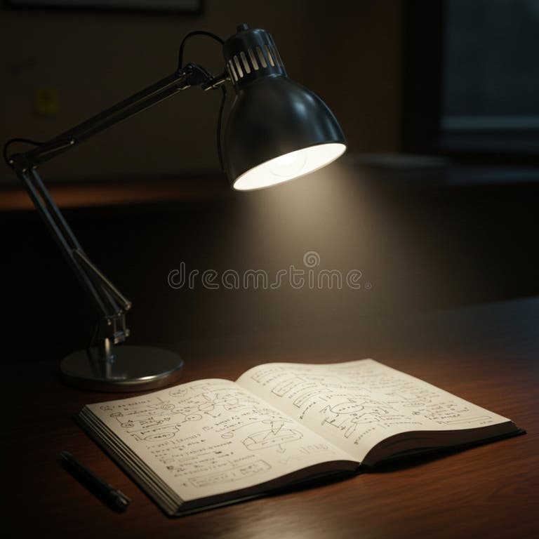 A Desk Lamp Illuminates an Open Notebook Filled with Sketches and Notes ...