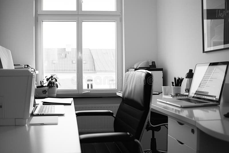 Desk with Laptop in Black and White Stock Photo - Image of interior ...