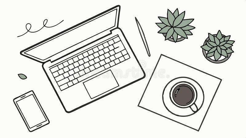 Desk with Laptop and Coffee Top View, Modern Workspace Setup Vector ...