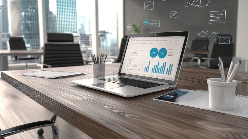 A Desk with a Laptop, Displaying Digital Data and Icons. Stock Photo ...