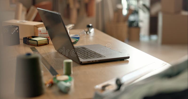 Desk, Laptop and Fashion Design with Home with Empty Office with Tech ...