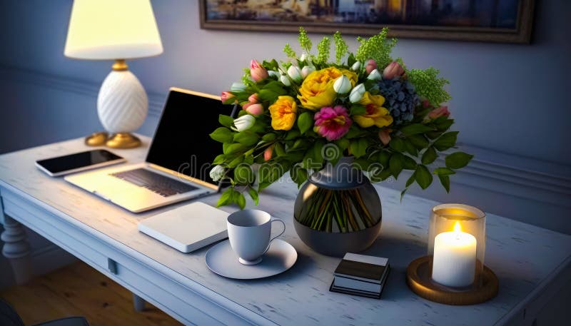Desk with Laptop and Flowers on it. Generative AI Stock Illustration ...
