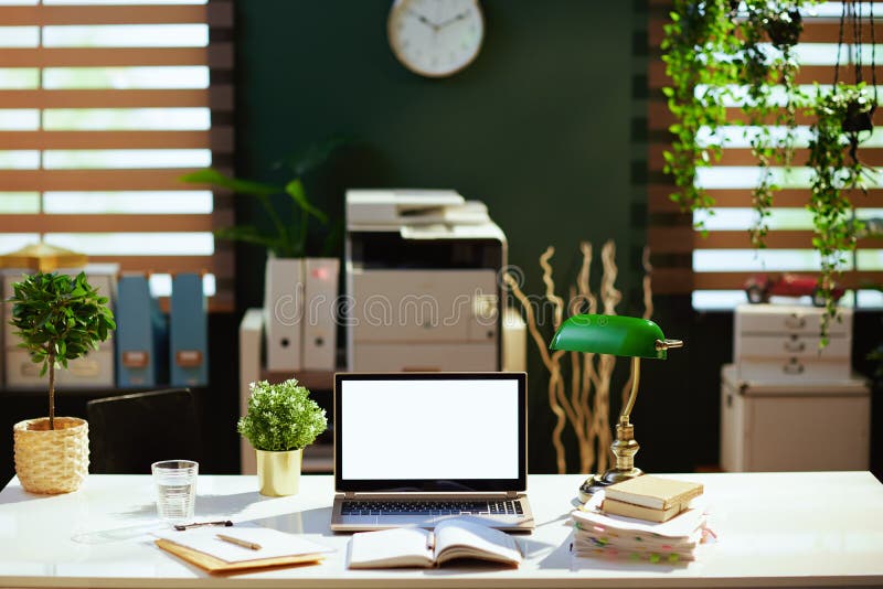Desk with Laptop and Notebook in Modern Office Stock Image - Image of ...