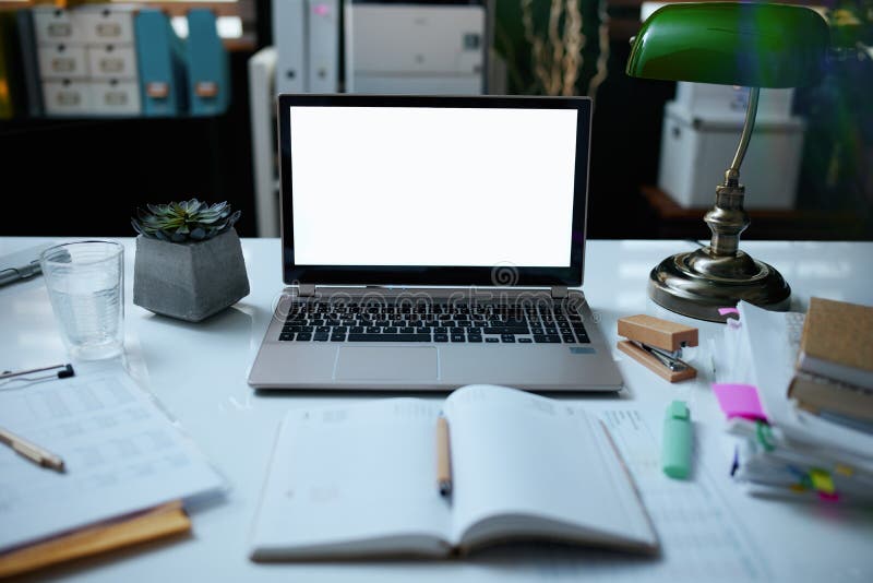 Desk with Laptop and Notebook in Modern Office Stock Photo - Image of ...