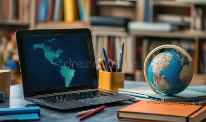 Desk with Laptop Showing World Map, Globe, Notebooks, and Pencils in a ...