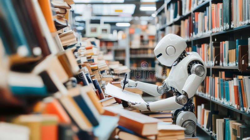 At a Desk within a Library, a Humanoid Robot is Engaged in Writing in a ...