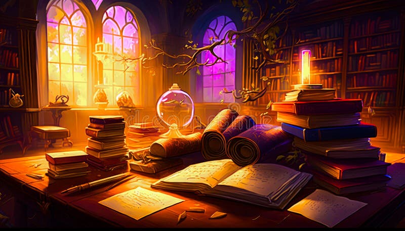 Desk with Lot of Books on it. Fantasy Stock Illustration - Illustration ...